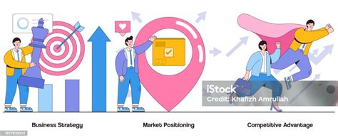 사업 전략 시장 포지셔닝 성격을 가진 경쟁 우위 개념 전략적 계획 추상 벡터 일러스트 레이 션 세트입니다 경쟁 우위 시장 전략 비즈니스 리더십 개념에 대한 스톡 벡터 아트