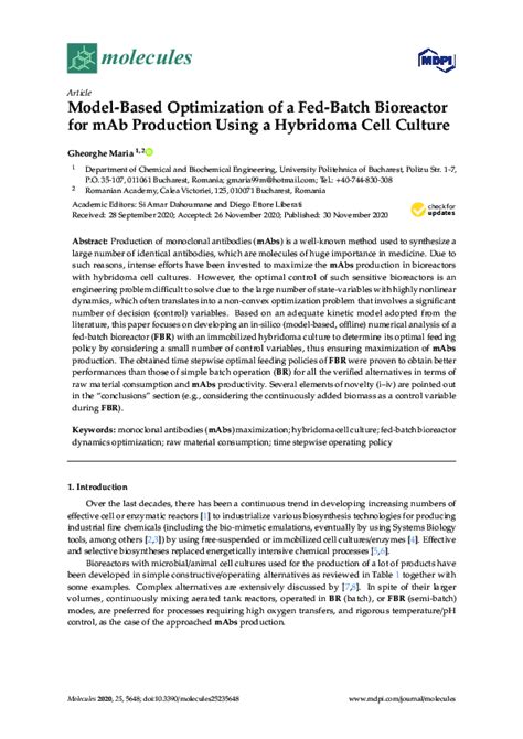 Pdf Model Based Optimization Of A Fed Batch Bioreactor For Mab