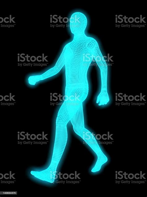 검은 배경에 남자의 네온 실루엣 걷고 기술과 인공 지능의 개념 3차원 형태에 대한 스톡 사진 및 기타 이미지 3차원 형태