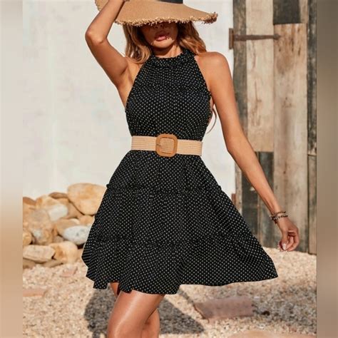 Dresses New Chic Halter Polka Dot Tiered Ruffle Dress Black White