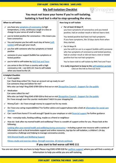 Self Isolation Checklist Pontesbury Pavilion