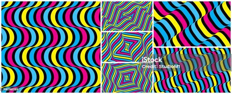 착시 현상이 있는 물결 모양 패턴 컬러 직사각형의 광학 아트 그림입니다 추상적인 줄무늬 배경 브로셔 표지 섬유 포스터 프리젠테이션 또는 배너를 위한 3d 벡터 그림 3차원