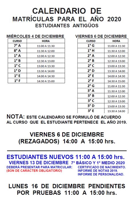 Calendario de Matriculas para el año Estudiantes Antigüos