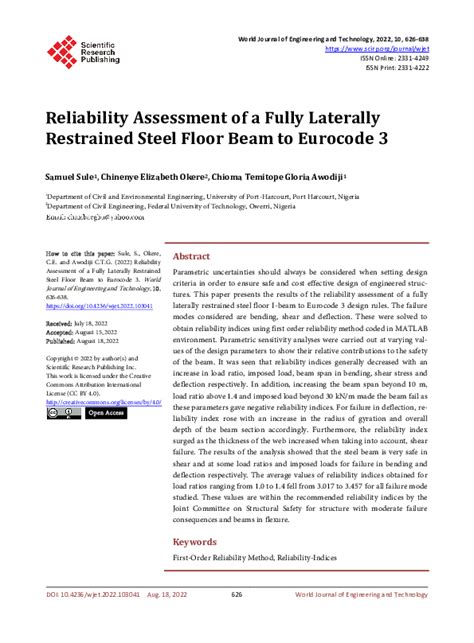 Pdf Reliability Assessment Of A Fully Laterally Restrained Steel Floor Beam To Eurocode 3