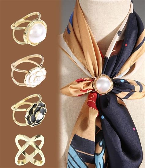 Pearl Scarf Buckle Ring 2pcs Gold White Black Pin Button Women Clothing