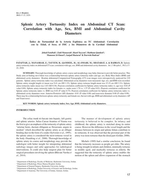 Pdf Splenic Artery Tortuosity Index On Abdominal Ct Scan Correlation