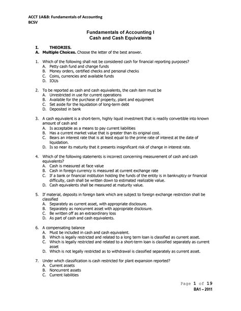 Intacc 1 Cash Exercises From Bcsv 1 Bcsv Fundamentals Of Accounting I Cash And Cash