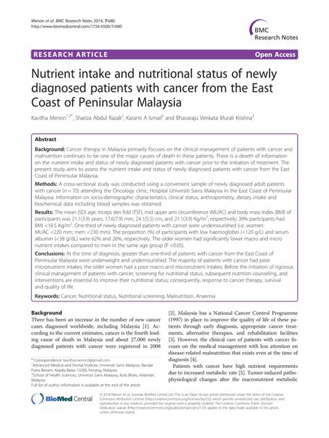 Pdf Nutrient Intake And Nutritional Status Of Newly Diagnosed Patients With Cancer From The