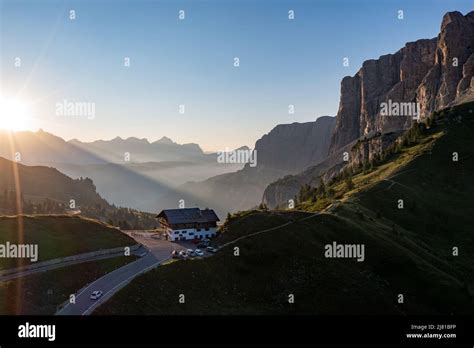Aerial View Of Gardena Pass Passo Gardena Rifugio Frara Dolomiti
