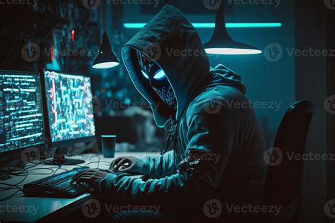 Hooded Hacker With Mask Using Laptop Break Or Attack Into Data Server Hacking Coding Or