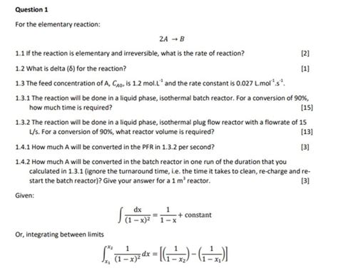 Solved Question 1 For The Elementary Reaction 2a B 1 1 If