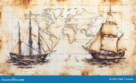 An Old Map With Sailing Ships Continents And Oceans Royalty Free Stock