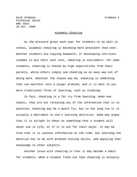Academic Cheating Freshman Composition I Wrc 1013 Docsity