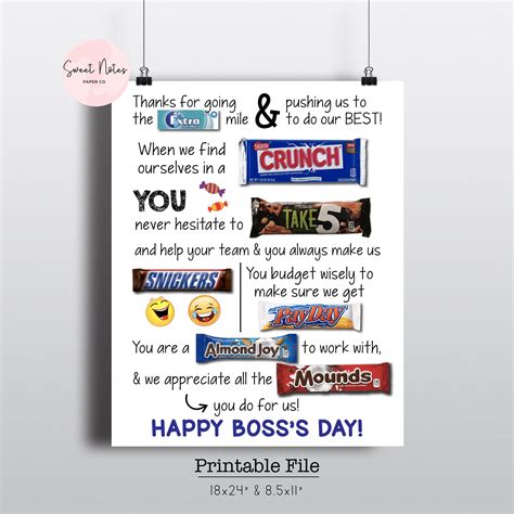 Bosss Day Appreciation Candy Board Candy Card Candy Gram Thank You