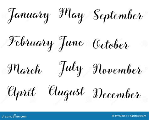 Month Names Cursive Typography Set Handwritten Calligraphic Outline