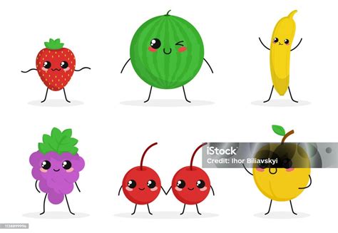 귀여운 재미 있는 음식 문자 흰색 배경에 고립 설정 합니다 과일과 딸기 컬렉션입니다 건강 한 음식 딸기 바나나 포도 아름 다운 간단한 만화 디자인입니다 평면 스타일 벡터