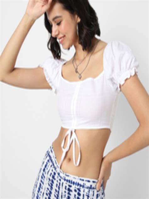 Buy Vastrado Women White Solid Pure Cotton Smocked Crop Blouson Top