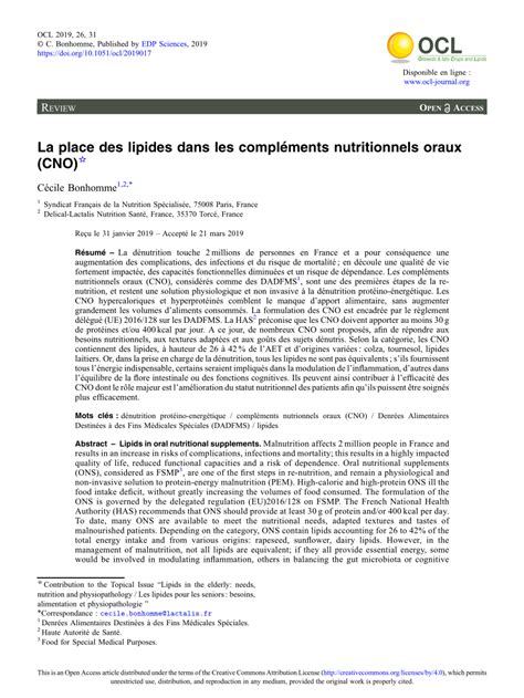 PDF La place des lipides dans les compléments nutritionnels oraux CNO