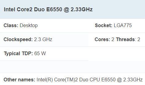 INTEL PENTIUM E6550, 2.33 GHZ, 4MB CACHE, SOCKET 775