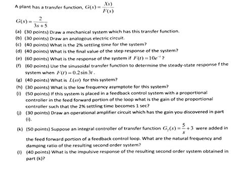 Solved Xs Fs A Plant Has A Transfer Function Gs A