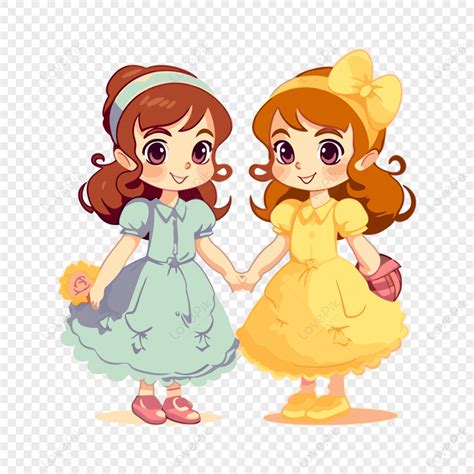 만화 스타일의 손을 잡고 귀여운 소녀 벡터클립 아트자매 Png 일러스트 무료 다운로드 Lovepik