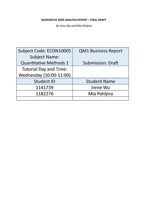 Qm Report Draft 1 Summary Qm Report Draft 1 Summary Quantative Data Analysis Report Final