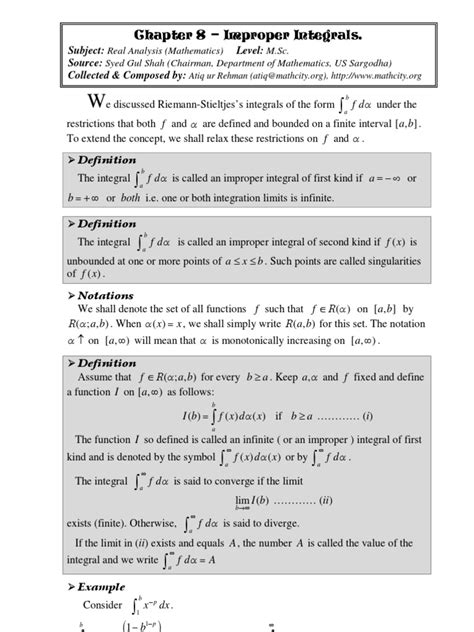 Chap 08 Real Analysis Improper Integrals Pdf Real Analysis Integral