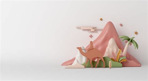 산 사막 낙타 대추 나무 라마단 카림 마울리드 이프타르 이스라 미라지 이드 알 피트르 아다 무하람 만화 스타일 복사 공간 3d 그림이 있는 이슬람 장식 배경 메카 성지