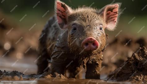 Premium Ai Image Cute Piglet In The Mud Grazing On A Green Meadow
