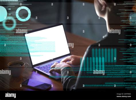 Business Woman Night And Laptop With Overlay For Information Technology And Data Analytics