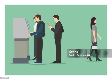 Atm 기계에 있는 사람들의 행 걷기에 대한 스톡 벡터 아트 및 기타 이미지 걷기 구매 균형 Istock