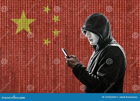Chinese Hooded Hacker With Mask Holding Smartphone Stock Photo Image