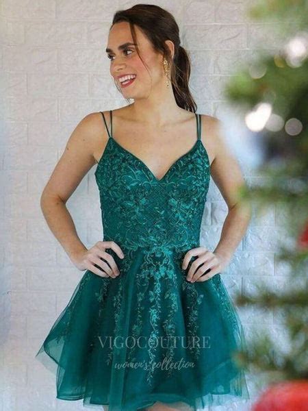 Green Spaghetti Strap Homecoming Dress Lace Applique Hoco Dress Hc031