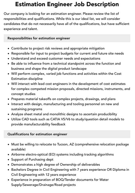 Estimation Engineer Job Description Velvet Jobs
