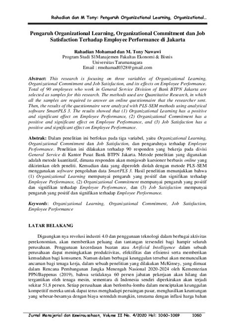 Pdf Pengaruh Organizational Learning Organizational Commitment Dan Job Satisfaction Terhadap