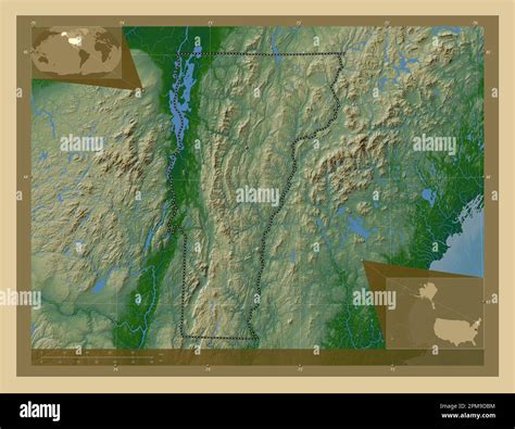 Vermont State Of United States Of America Colored Elevation Map With Lakes And Rivers Corner