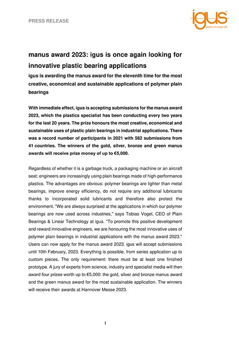 Manus Award 2023 Igus Is Once Again Looking For Innovative Plastic Bearing Applications Press