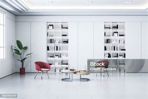 선반 커피 테이블 의자 및 기타 오브제와 현대적인 흰색 콘크리트 인테리어 3d 렌더링 0명에 대한 스톡 사진 및 기타 이미지 Istock