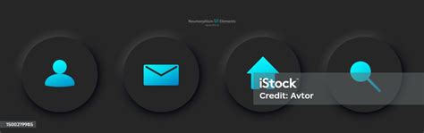 모바일 응용 프로그램에 대한 사용자 인터페이스 요소 집합으로 검정색과 파란색 요소로 표시됩니다 Neumorphism Ui Ux 스타일의 모바일 장치 버튼 3차원 형태에 대한