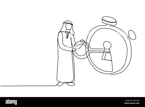 Single Continuous Line Drawing Arab Businessman Putting Big Key Into