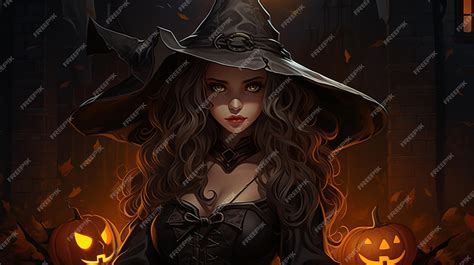 Premium Photo Cute Evil Witch In A Hat With Pumpkins In Front Of Her
