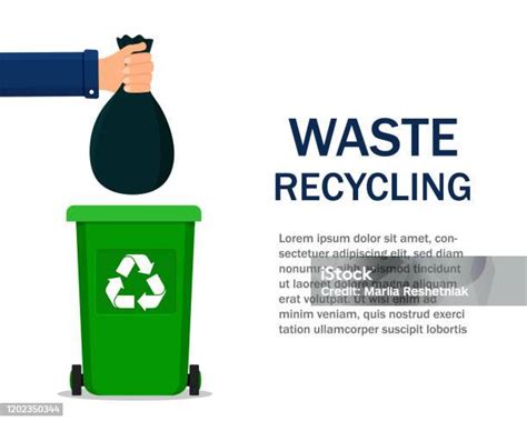 남자는 쓰레기에 가방을 던진다 더스트빈 용기 위에 가방을 손으로 들고 있습니다 평평한 스타일의 폐기물 재활용 개념 격리된 배경에서 휴지통을 재활용합니다 손으로 유기농 용기에