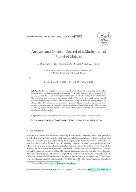 Pdf Analysis And Optimal Control Of A Mathematical Model Of Malaria