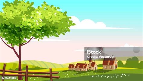 사랑스러운 시골 풍경 농장 마을 농장 봄 나무 녹색 언덕 필드 자연 밝은 색상 푸른 하늘 봄 여름 시골 풍경 파노라마 농업 농업 벡터 일러스트 만화 스타일 격리 경관에 대한