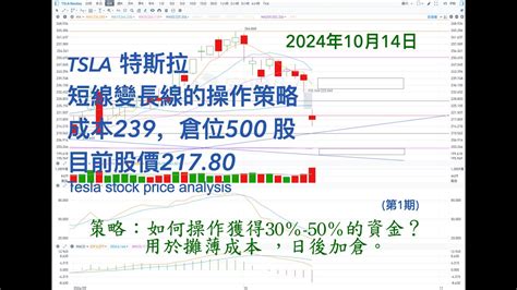Tsla 特斯拉 短線變長線的操作策略 成本239，倉位500 股目前股價217 80 2024年10月14日（第1期） K线技术分析