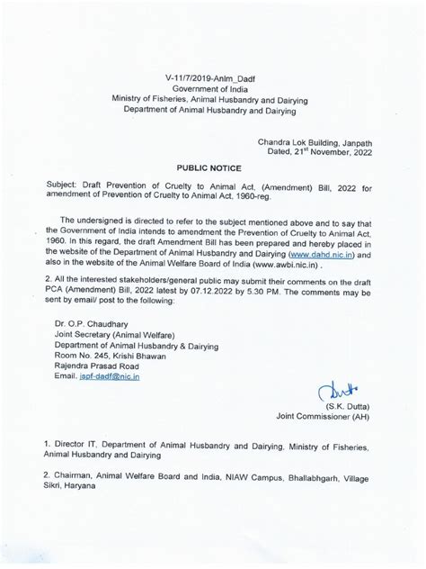 Draft Of The Prevention Of Cruelty To Animal Amendment Bill 2022