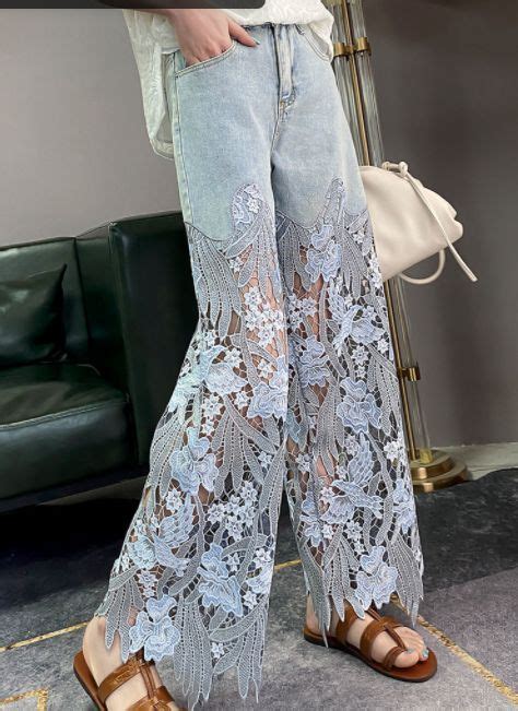 Hollow Lace Panel Wide Leg High Waist Blue Jeans Womens Summer Slim