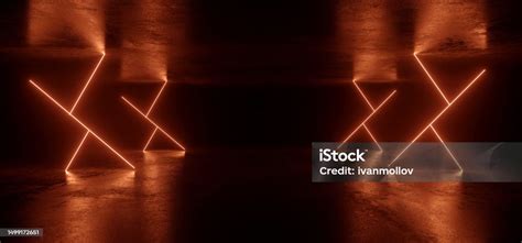 공상 과학 미래 네온 삼각형 레이저 전기 사이버 빛나는 벙커 오렌지 조명 무대 차고 격납고 복도 복도 터널 시멘트 콘크리트 그런 지 지하 클럽 3d 렌더링 0명에 대한 스톡