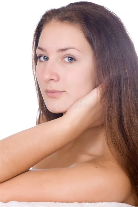 Beautiful Girl Touching Her Face Isolated On A White Stock Image