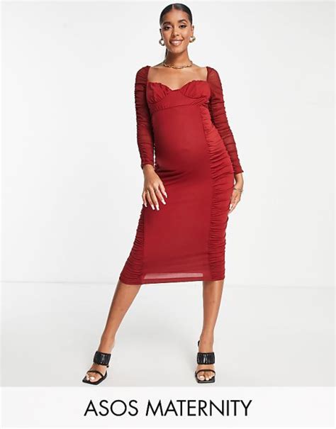 Asos Design Maternity Gerafftes Midikleid In Rot Mit Netzstoffärmeln
